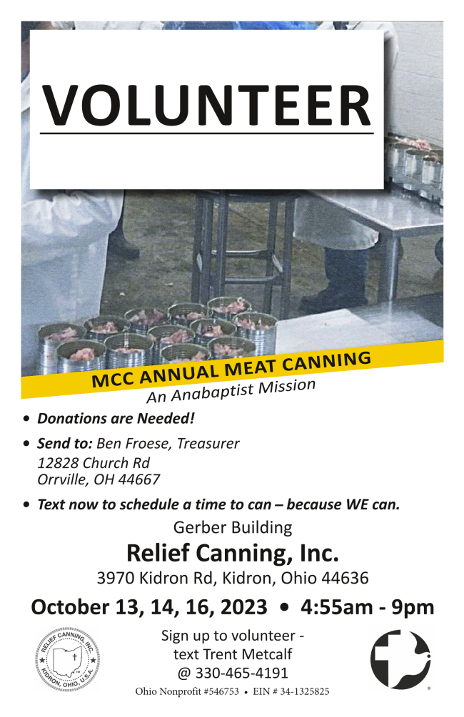 MCC canning planned for Oct. 13, 14 and 16 - Ohio Mennonite Conference